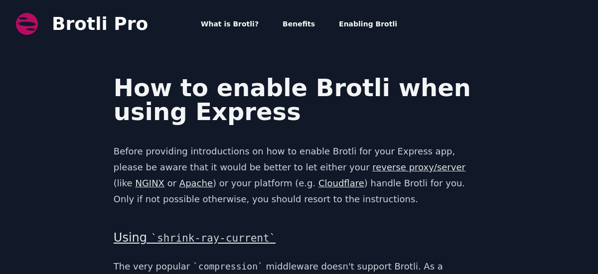 How to enable Brotli when using Express | Brotli.Pro How to enable Brotli when using Express | Brotli.Pro