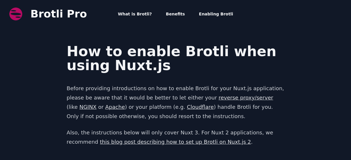 How to enable Brotli when using Nuxt.js | Brotli.Pro How to enable Brotli when using Nuxt.js | Brotli.Pro